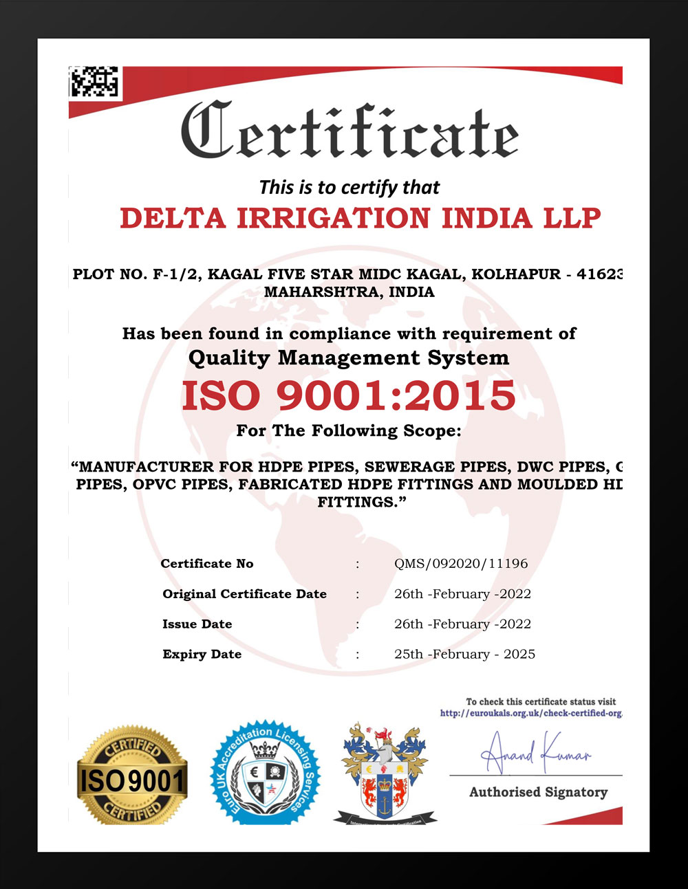 Certification - Delta Irrigation LLP