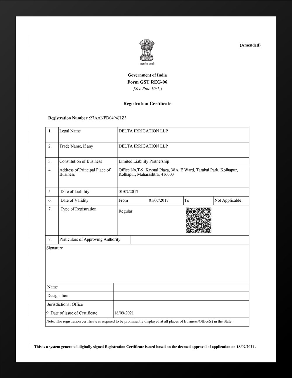 Certification - Delta Irrigation LLP